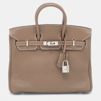 Pre-owned Hermes Hermès Etoupe Togo Leather Palladium Finished Birkin 25 Bag In Beige | ModeSens