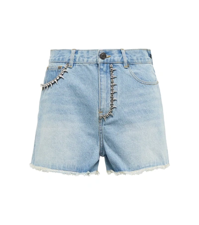 Area Crystal Spike Nameplate Denim Hot Shorts In Light Blue | ModeSens
