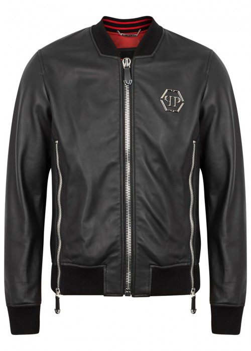 Philipp Plein Black Leather Bomber Jacket | ModeSens