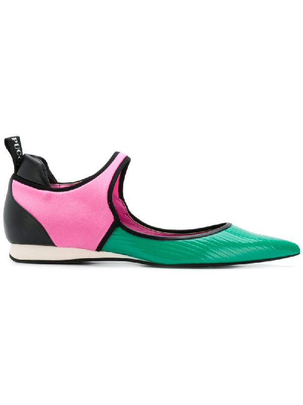Emilio Pucci Color Block Leather Flat Ballerinas In Green | ModeSens