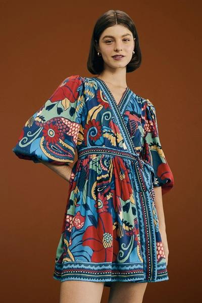 Farm Rio Blue Vintage Forest Lenzing Ecovero Viscose Mini Dress In ...