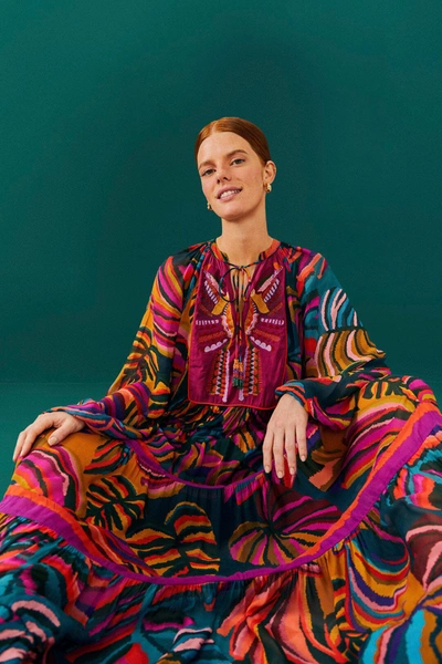 Farm Rio Graphic Foliage Embroidered Maxi Dress In Graphic Foliage Teal ...