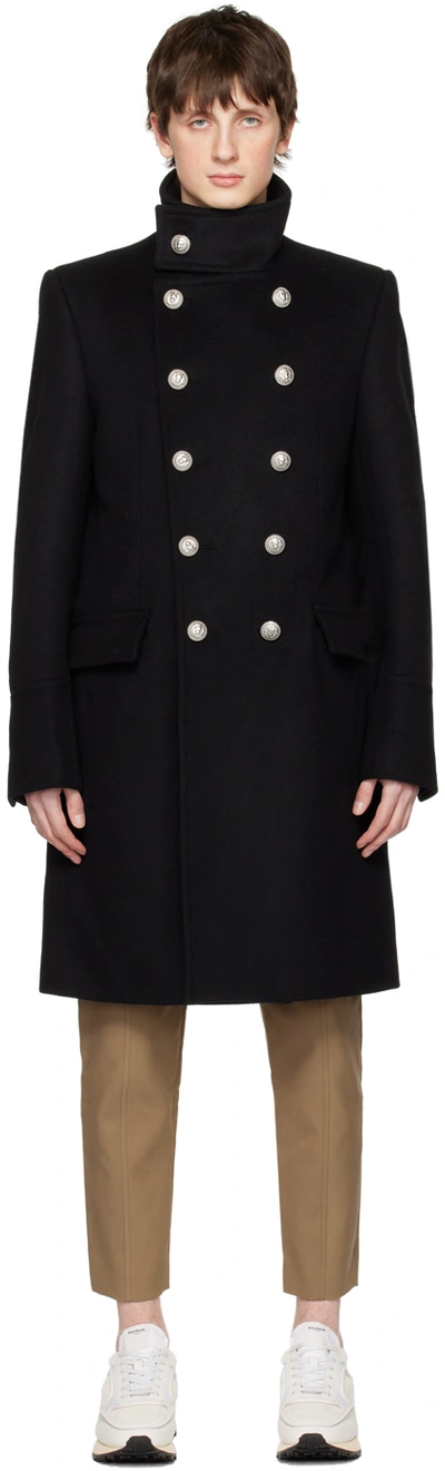 Balmain Long Wool Military Style Coat In Black | ModeSens