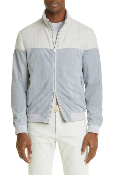 Eleventy Linen & Suede Bomber Jacket In Denim And Light Gray | ModeSens