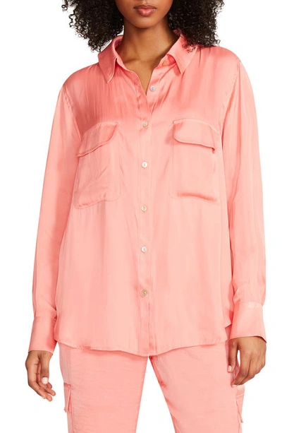 Steve Madden Augustina Satin Button-up Shirt In Spring Rose | ModeSens