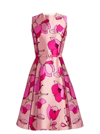 Oscar De La Renta Floral Print Silk Mikado Midi Dress In Powder Pink