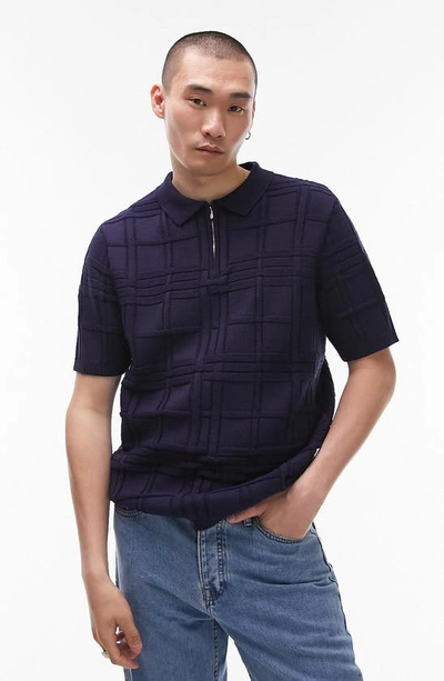 Topman Knitted Check Zip Polo In Navy | ModeSens