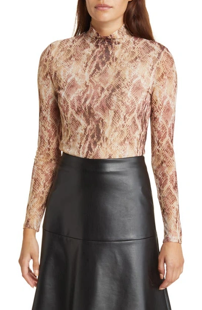 Anne Klein Snake Print Mesh Turtleneck Top In Rose Stone Multi | ModeSens