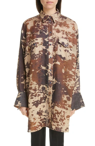 Acne Studios Cow-print Linen Shirtdress In Dark Brown | ModeSens