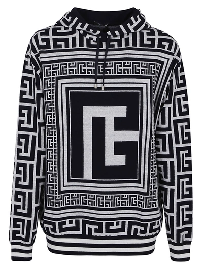 Balmain Navy Blue Hooded Pullover With Maxi Monogram In Ggd Blanc/bleu ...