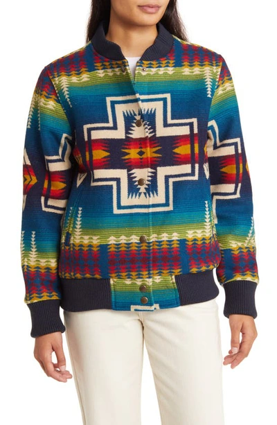 Pendleton Jacquard Virgin Wool Blend Bomber Jacket In Royal Blue ...
