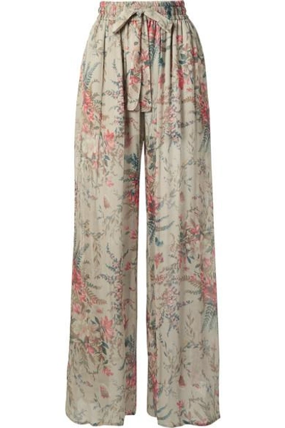 Zimmermann Bayou Shirred Floral-print Silk-crepon Pants In Light Gray ...