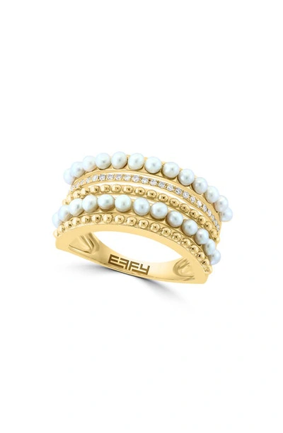Effy 14k Gold Diamond & Freshwater Pearl Faux Stack Ring In Yellow Gold ...