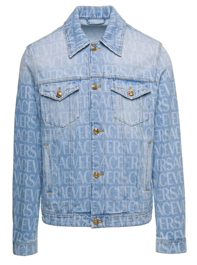 Versace Light Blue Jacket With All-over Logo Lettering Print In Cotton ...