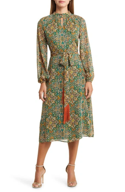 Tahari Asl Tile Print Long Sleeve Chiffon Midi Dress In Forest/ Apricot ...