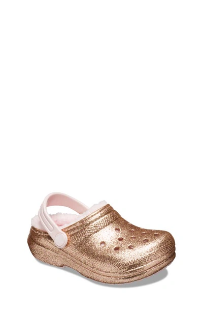 Crocs Kids' Classic Glitter Faur Fur Lined Clog In Gold/ Barely Pink ...