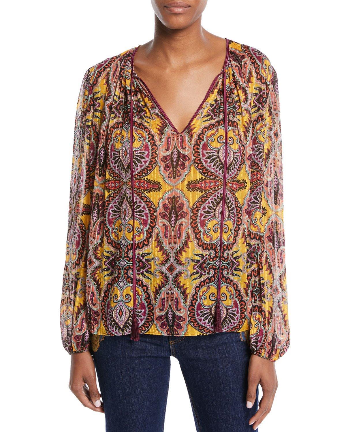Etro Split-Neck W/ Ties Long-Sleeve Damask-Print Silk Peasant Blouse In ...