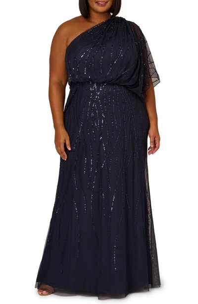 Adrianna Papell Beaded One-shoulder Gown In Dusty Navy | ModeSens
