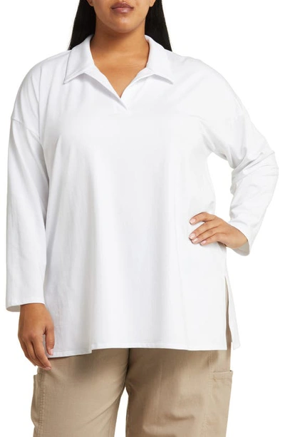 Eileen Fisher Boxy Split Neck Tunic Top In White | ModeSens
