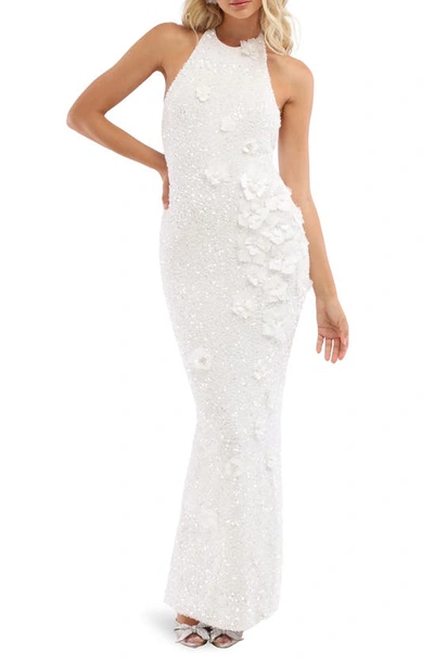 Helsi Brice Sequin & Floral Appliqué Stretch Velvet Column Gown In White | ModeSens