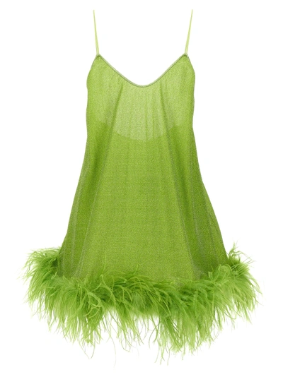 Oseree Green Mini Dress With Feathers In Lurex Woman In Lime | ModeSens