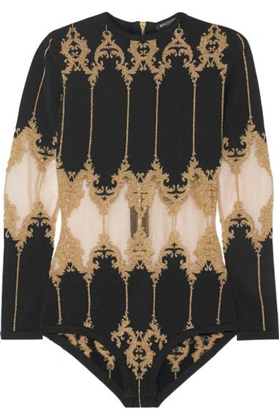 Balmain Metallic Tulle-paneled Stretch-knit Bodysuit | ModeSens