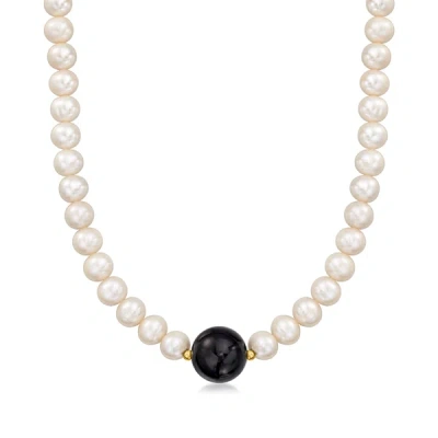 Ross-simons 16mm Onyx Bead And 8-8.5mm Cultured Pearl Necklace With 14kt Yellow Gold In Multi ...