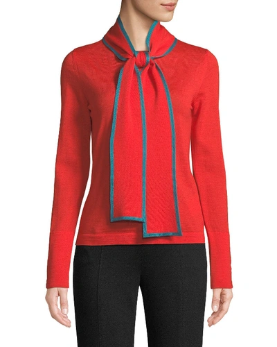 Escada Long-sleeve Contrast Trim Neck-sash Wool Pullover Top In Medium ...
