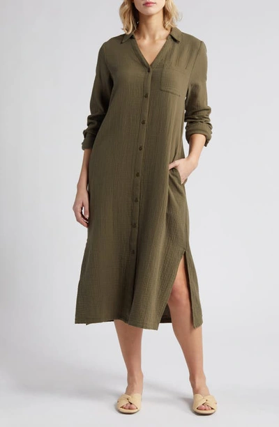 Caslon Cotton Gauze Long Sleeve Midi Shirtdress In Olive Sarma | ModeSens