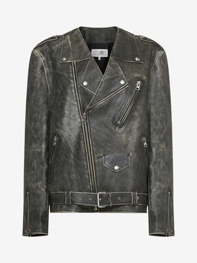 Mm6 Maison Margiela Leather Biker-style Jacket In Brown | ModeSens